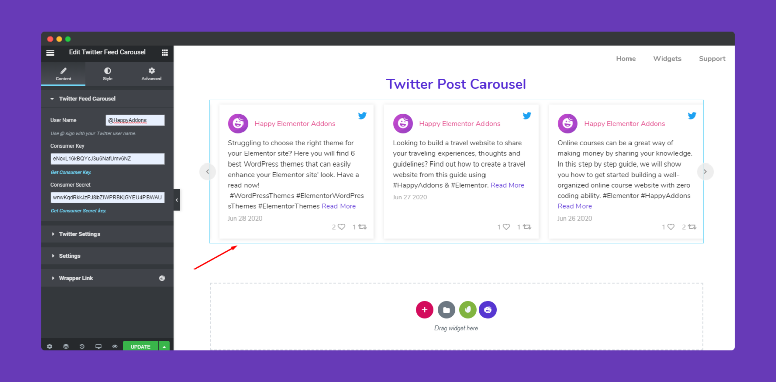 Twitter Feed Carousel widget - HappyAddons