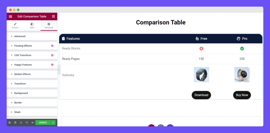 Comparison Table - HappyAddons