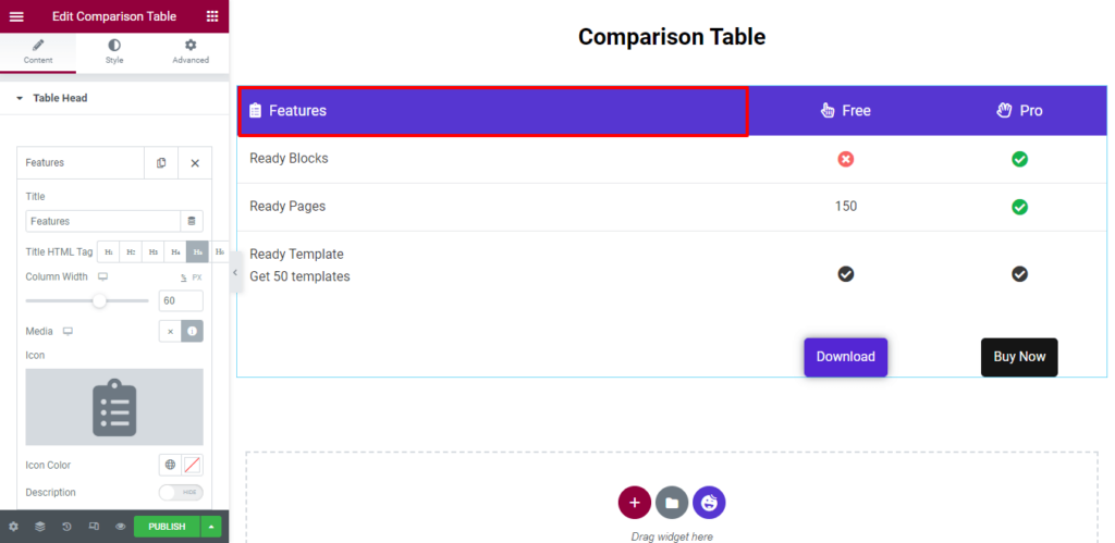 How to Create Comparison Table with Elementor Comparison Table Widget