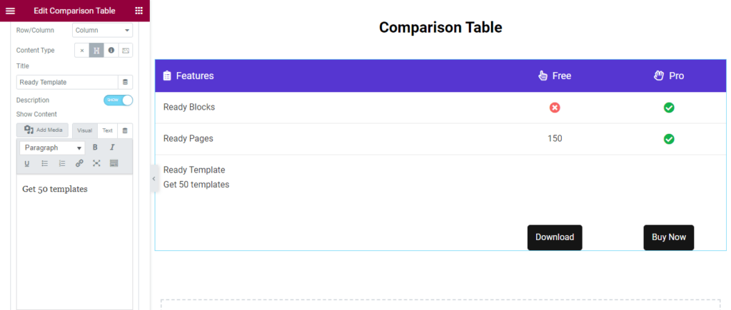 How to Create Comparison Table with Elementor Comparison Table Widget