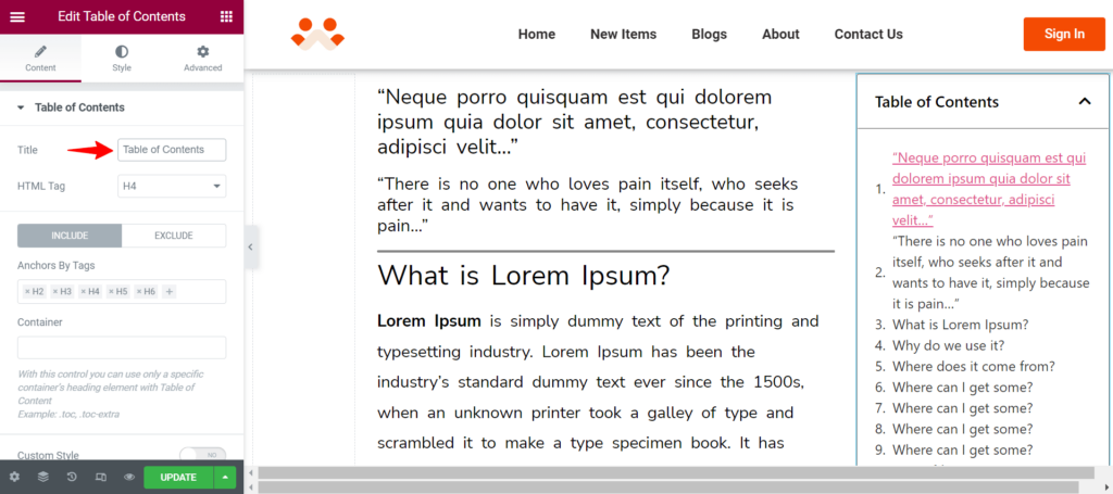 How To Enable The Table Of Content Widget On Your Website
